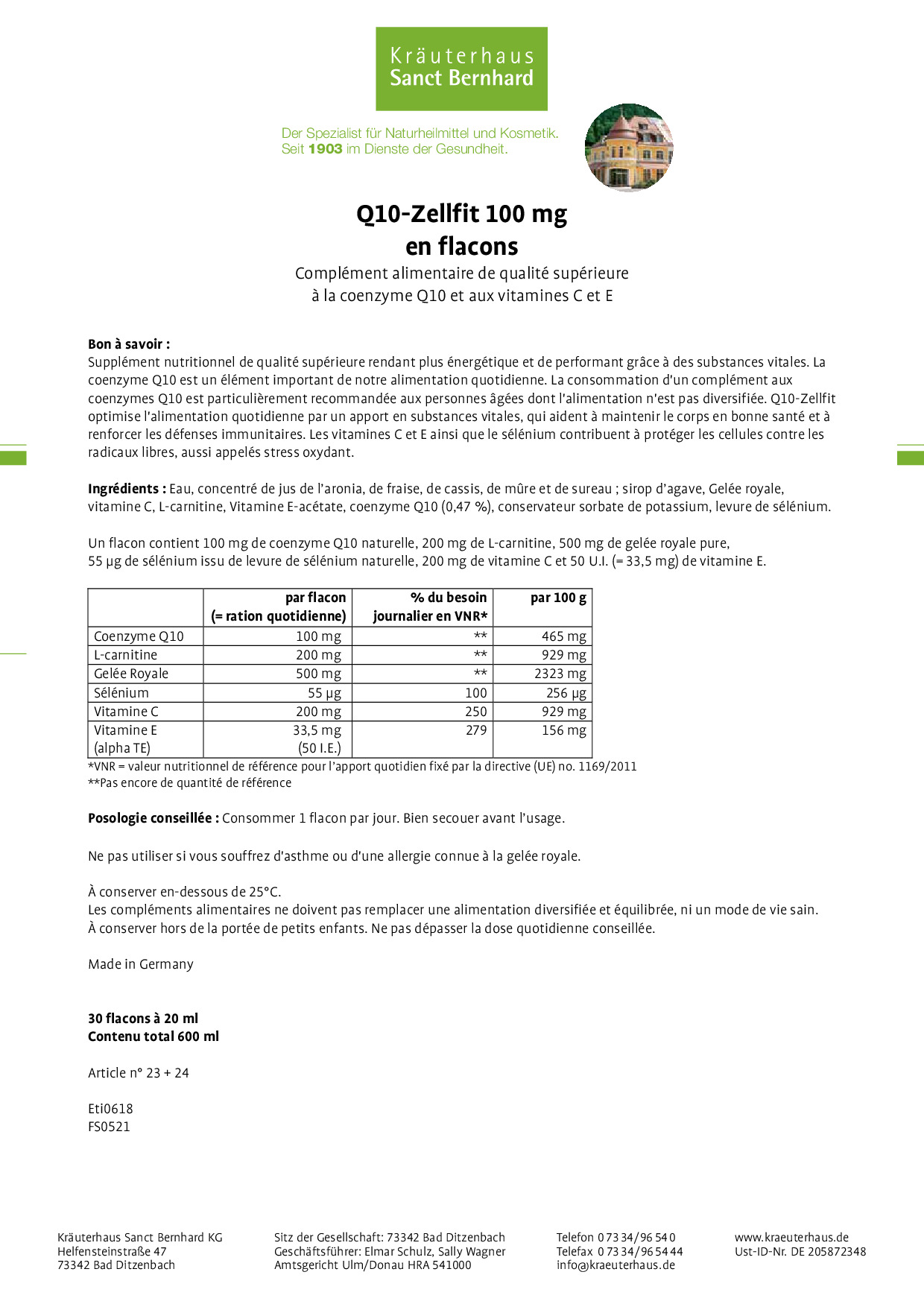 Q10-Zellfit 100 mg en flacons » Acheter dès à présent | Sanct Bernhard