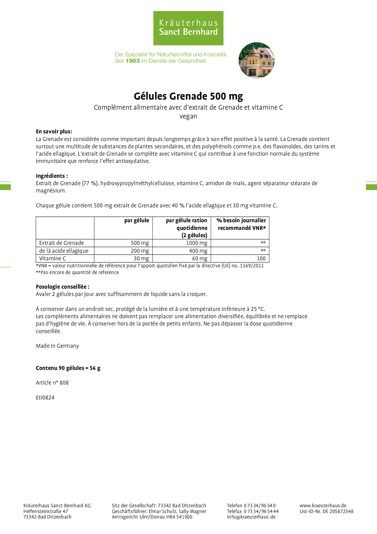 Gélules Grenade 500 mg » Acheter dès à présent | Sanct Bernhard