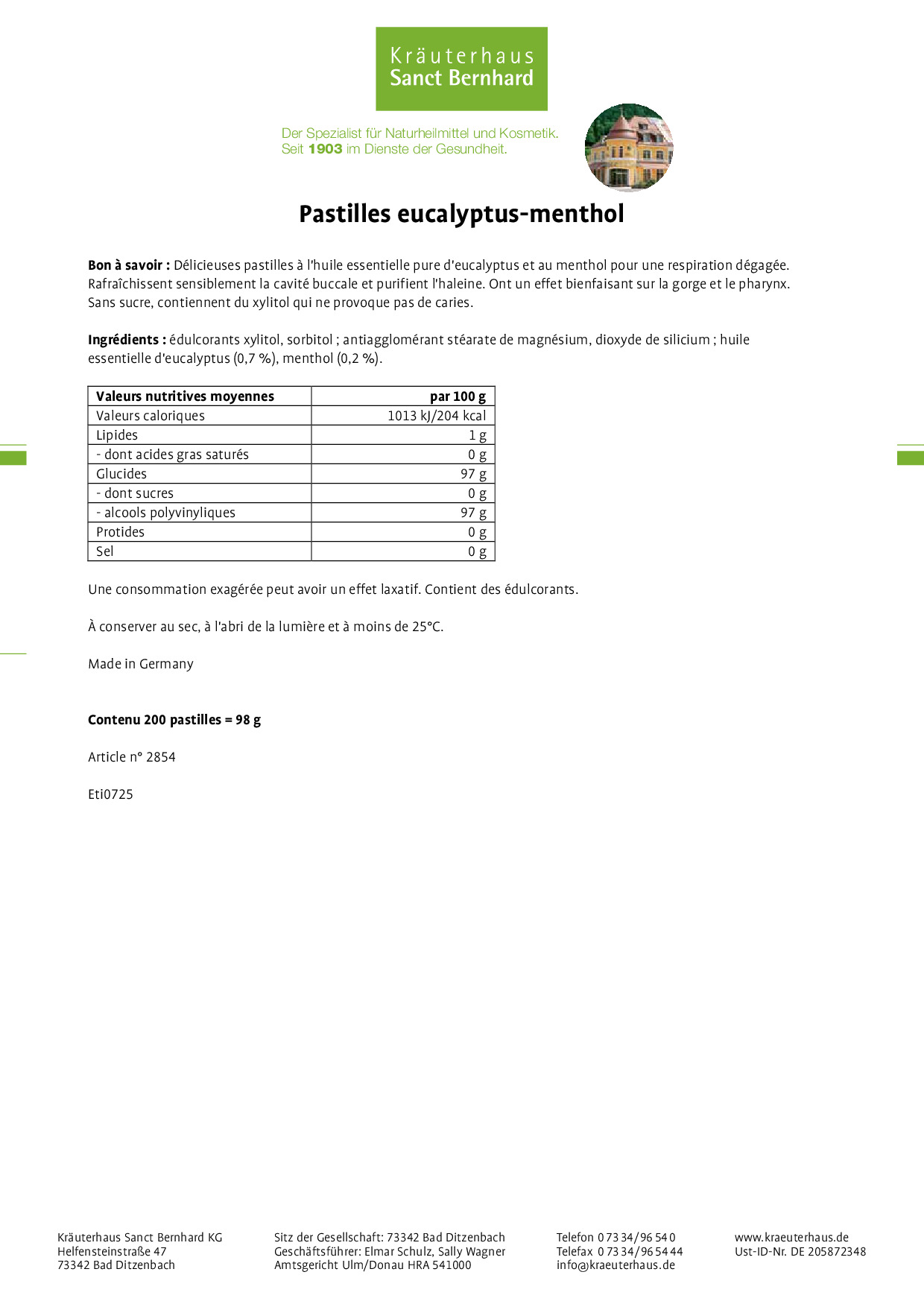 Pastilles eucalyptus-menthol | critiques de produits | Sanct Bernhard